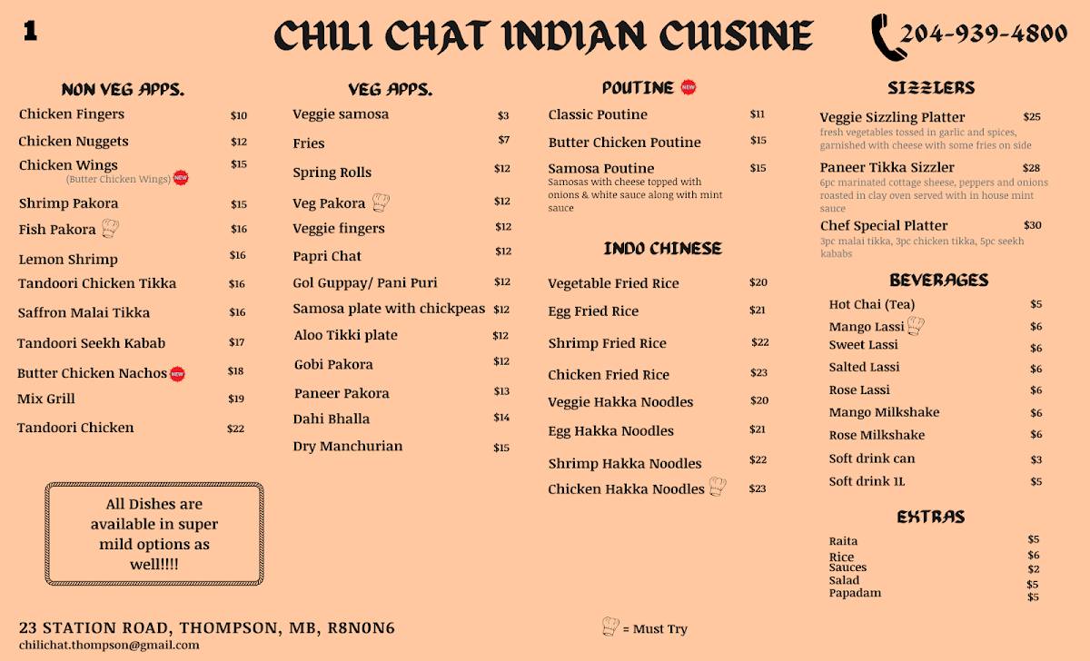 Menu at Chili Chat Indian Cuisine Restaurant, Thompson