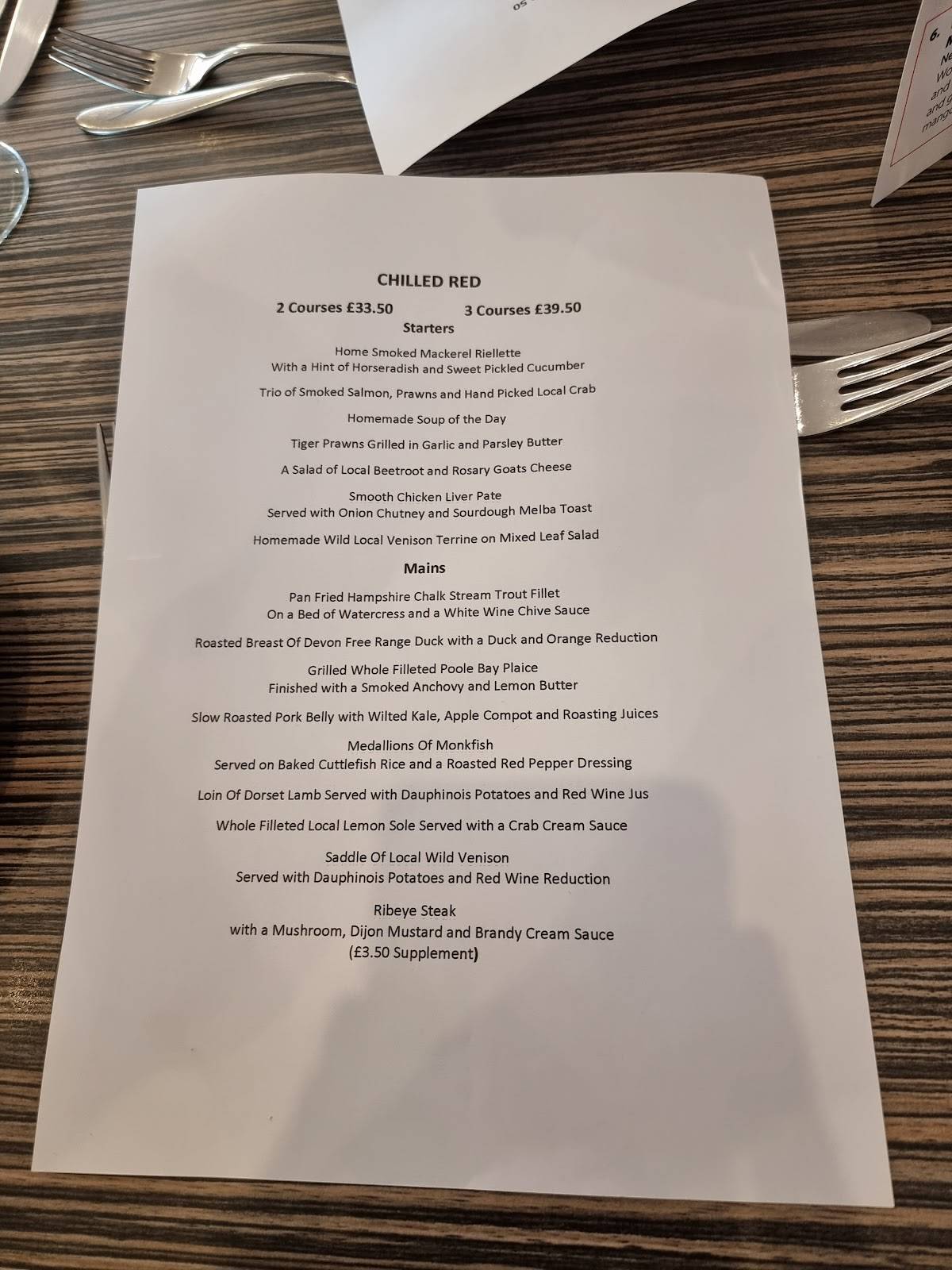 Menu at Chilled Red restaurant, Swanage
