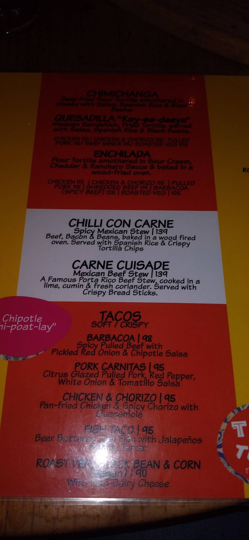 Menu at Chingada's Mexican Cantina restaurant, Port Elizabeth