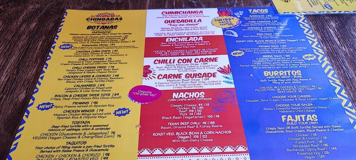 Menu at Chingada's Mexican Cantina restaurant, Port Elizabeth