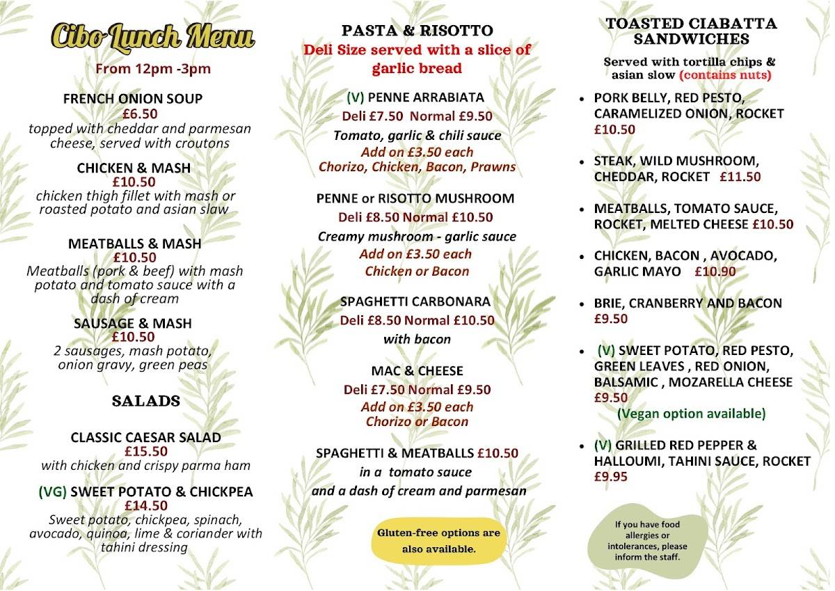 Menu at Cibo restaurant, Ryde, 9 High Street