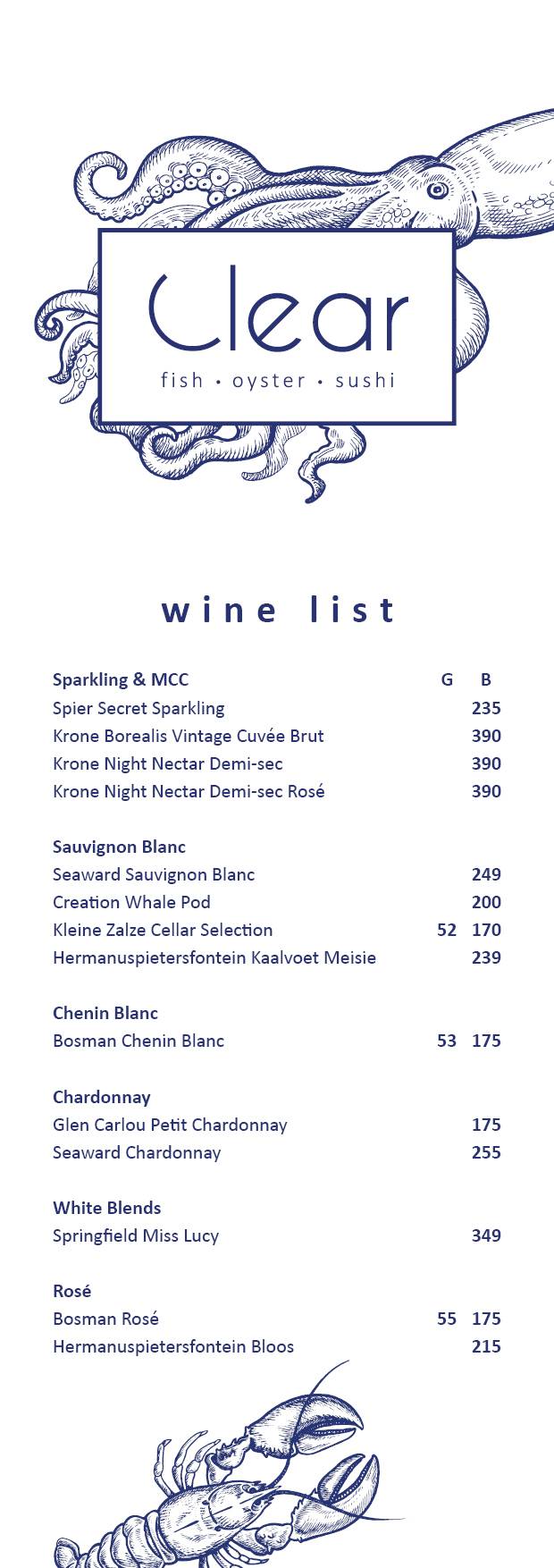Menu at Clear Restaurant, Bloemfontein