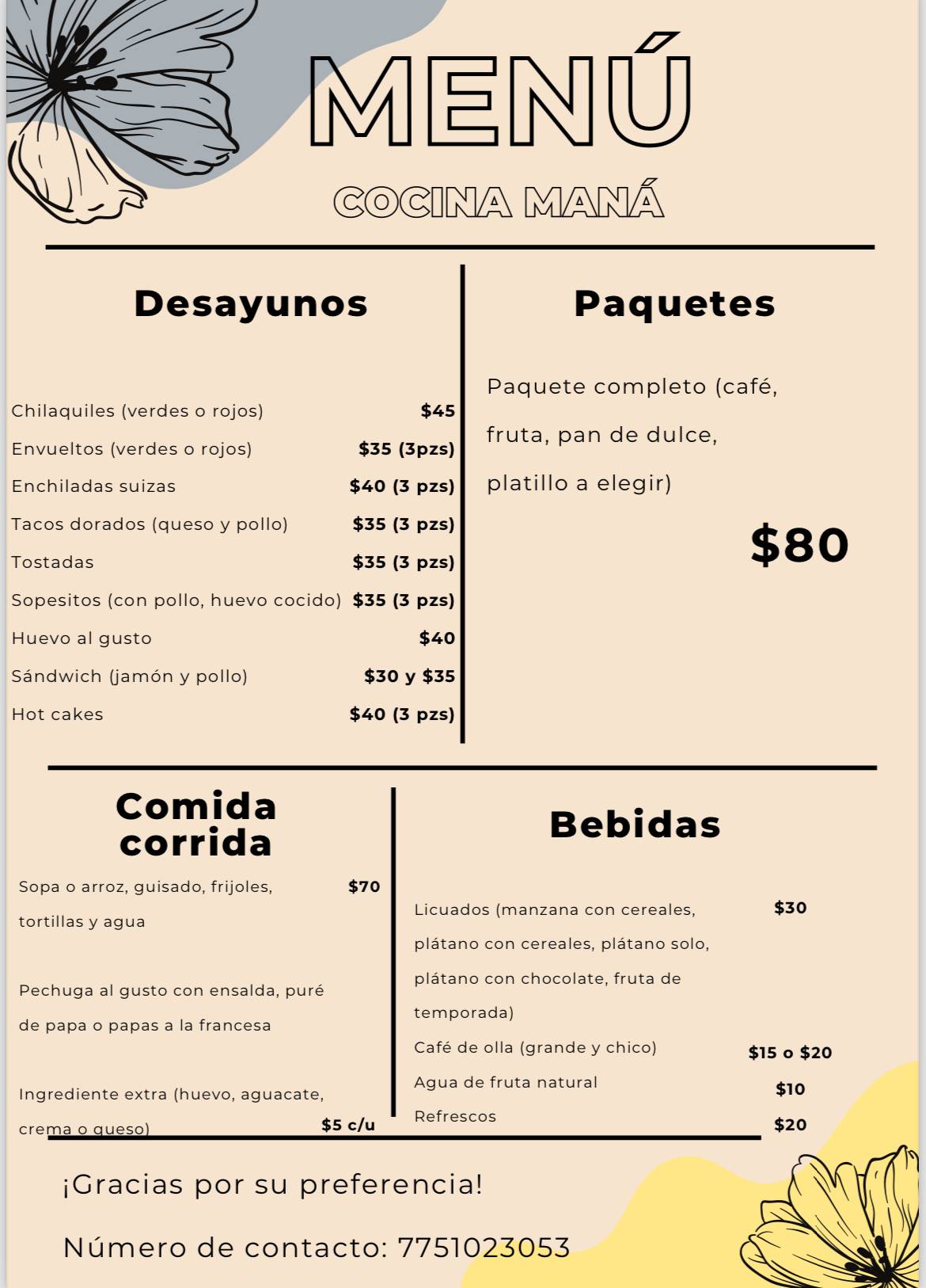 Menu at Cocina Maná restaurant, Almoya