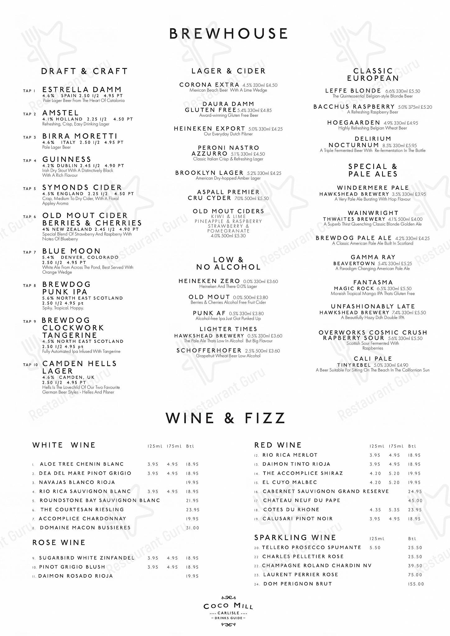 Menu at Coco Mill restaurant, Carlisle