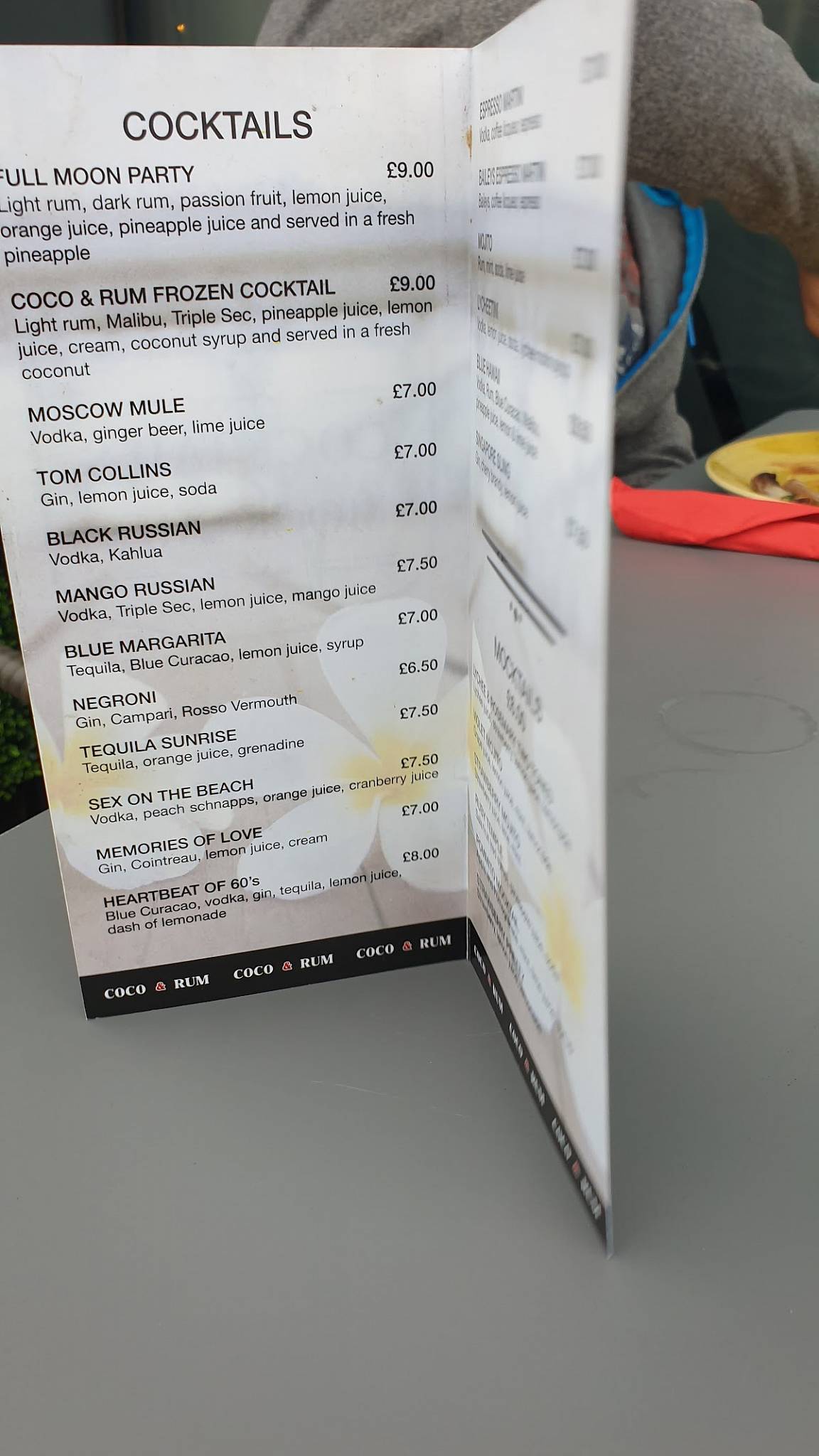 Menu at Coco & Rum restaurant, Saltburn-by-the-Sea