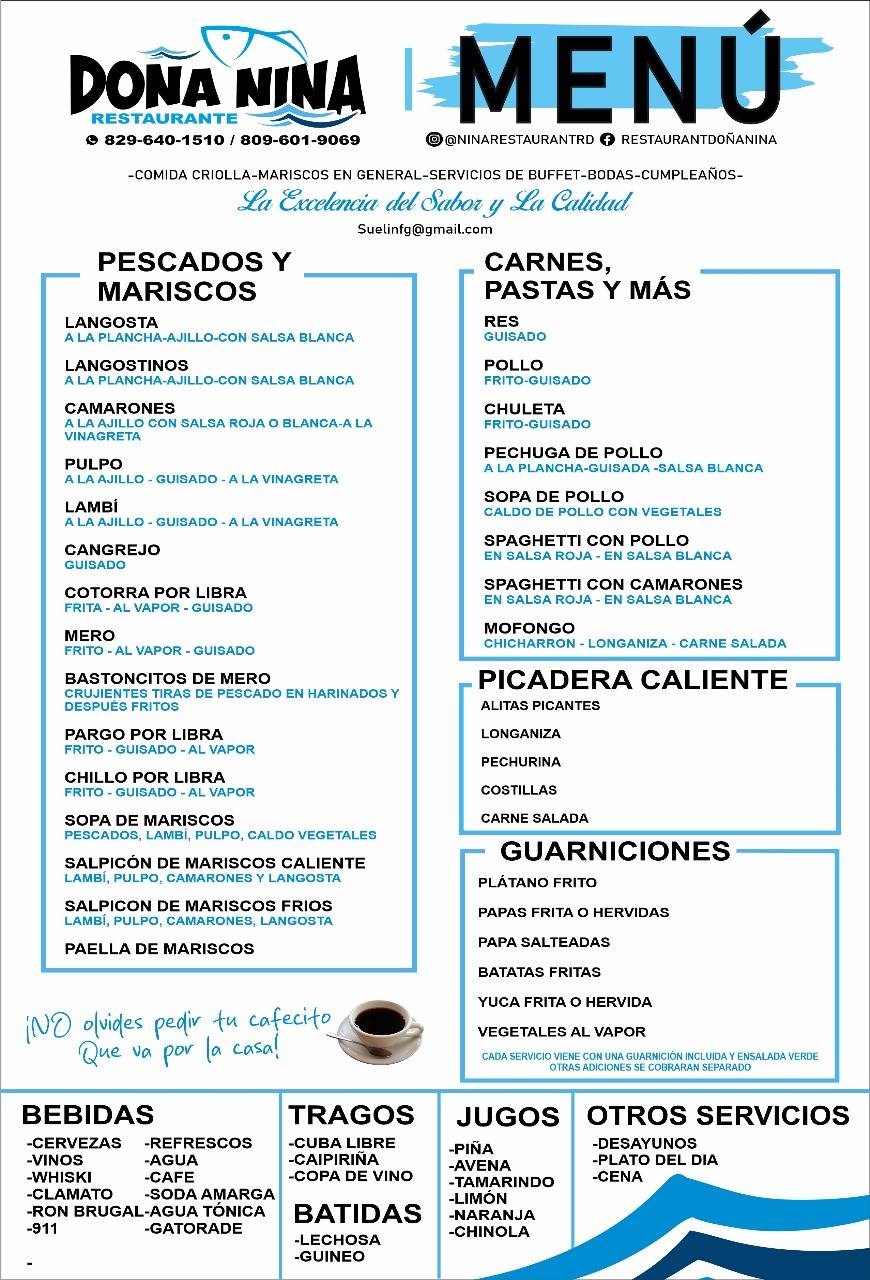 Carta de Restaurant Comedor Doña Nina, La Isabela, El castillo
