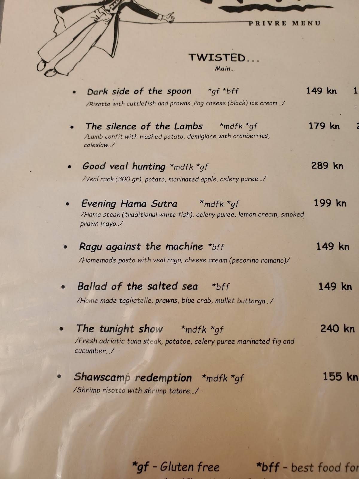 Menu at Corto Maltese Freestyle food restaurant, Split, Obrov ul. 7
