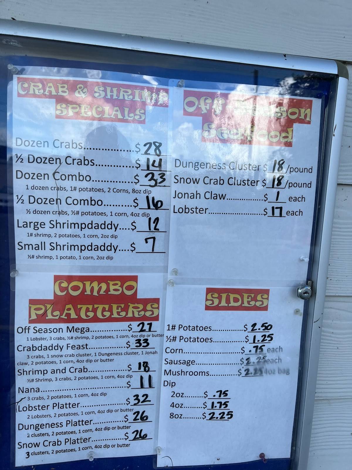 Menu at Crawdaddy's Seafood restaurant, Thibodaux