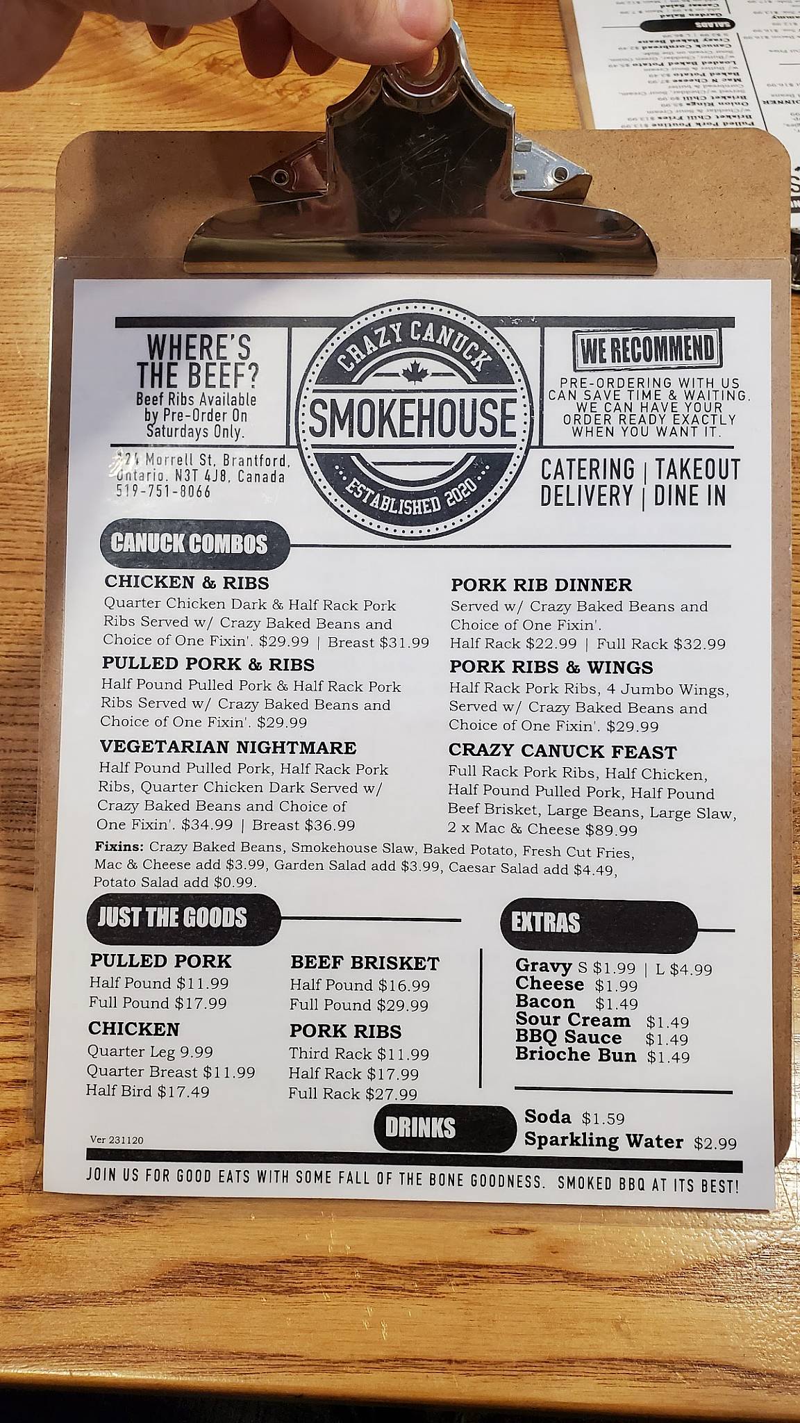 Menu at Crazy Canuck Smokehouse restaurant, Brantford, 124 Morrell St
