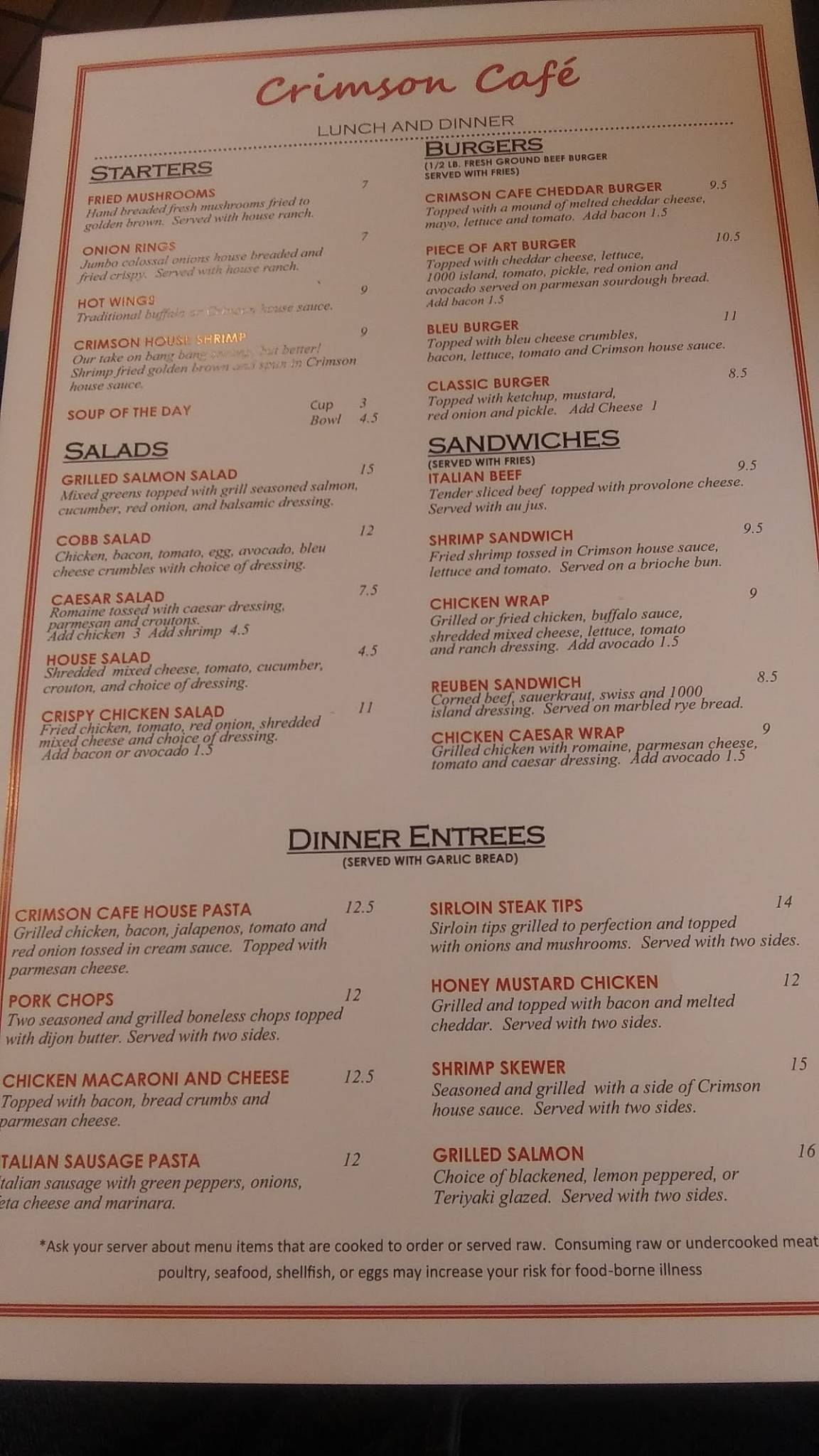 Menu at Crimson Cafe, Saint Joseph