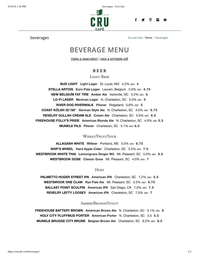 Menu at Cru Cafe, Charleston, 18 Pinckney St