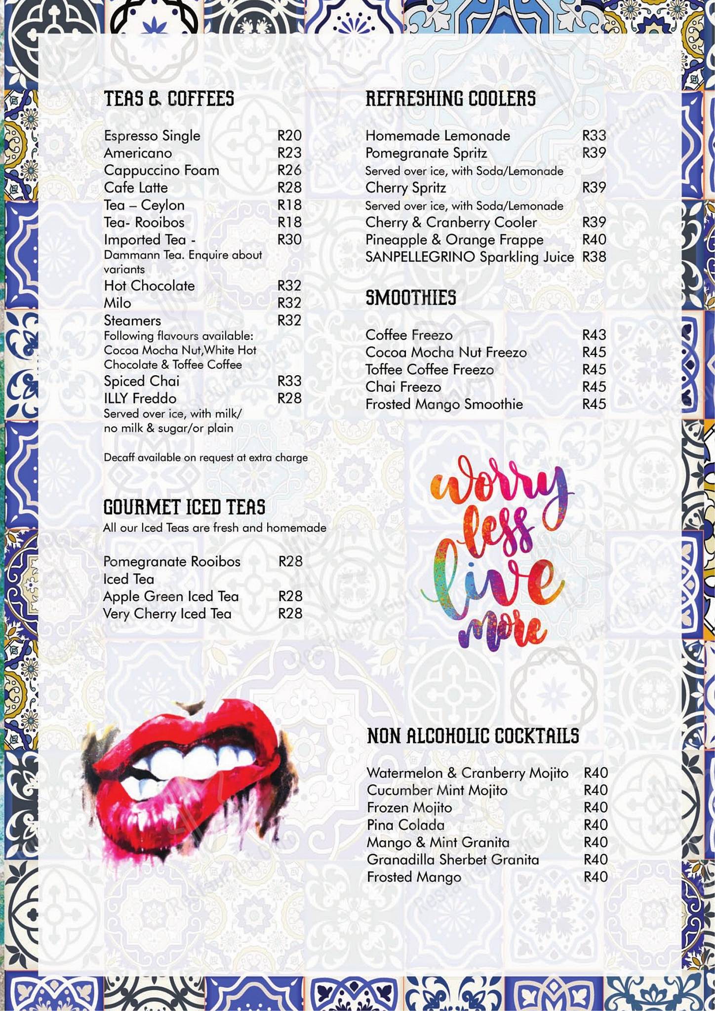 Menu at Culture Club, Pretoria