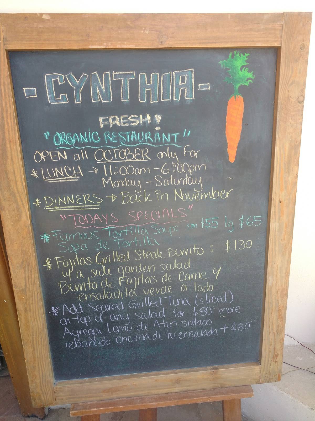 Menu at Cynthia Fresh restaurant, San José del Cabo