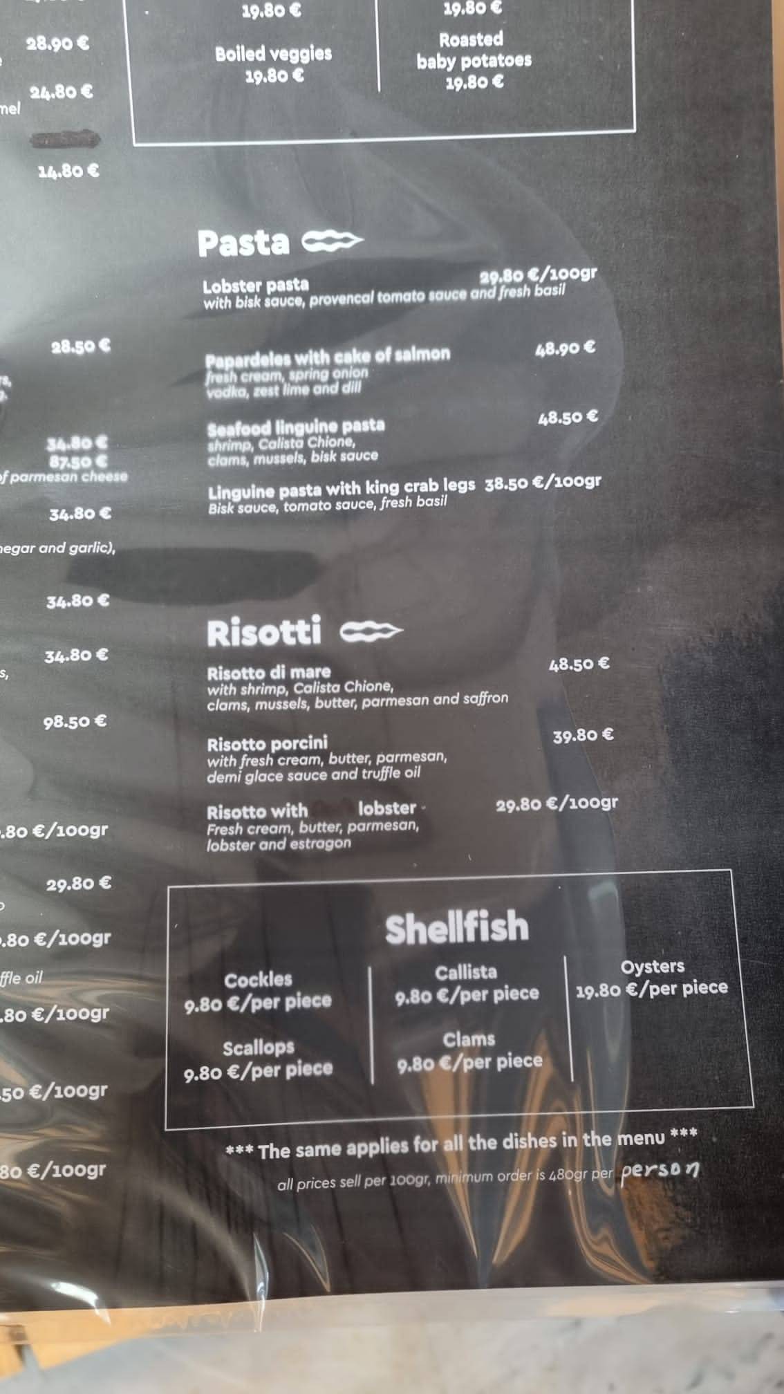 Menu at DK Oyster, Platis Gialos