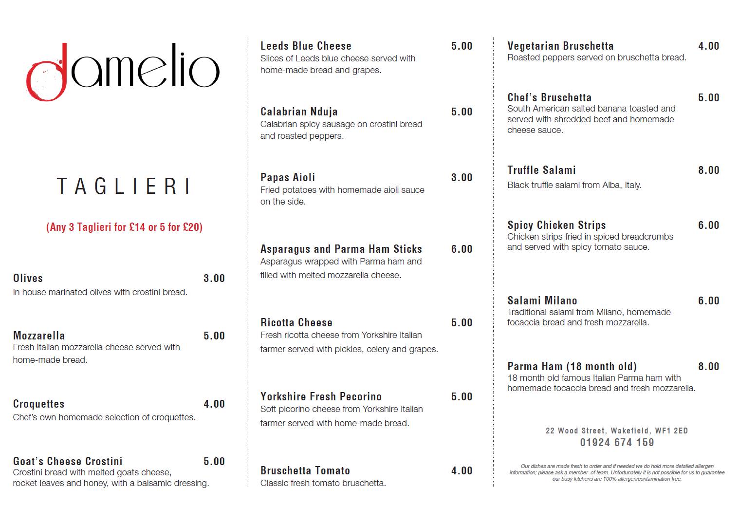 Menu at Damelio restaurant, Wakefield