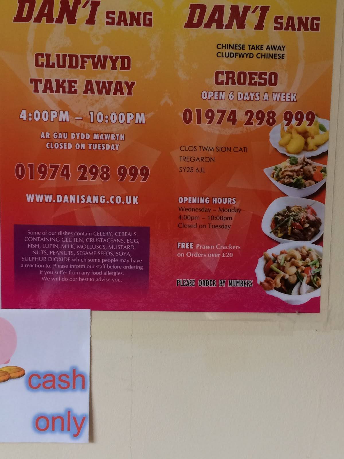 Menu at Dan'i Sang restaurant, Tregaron