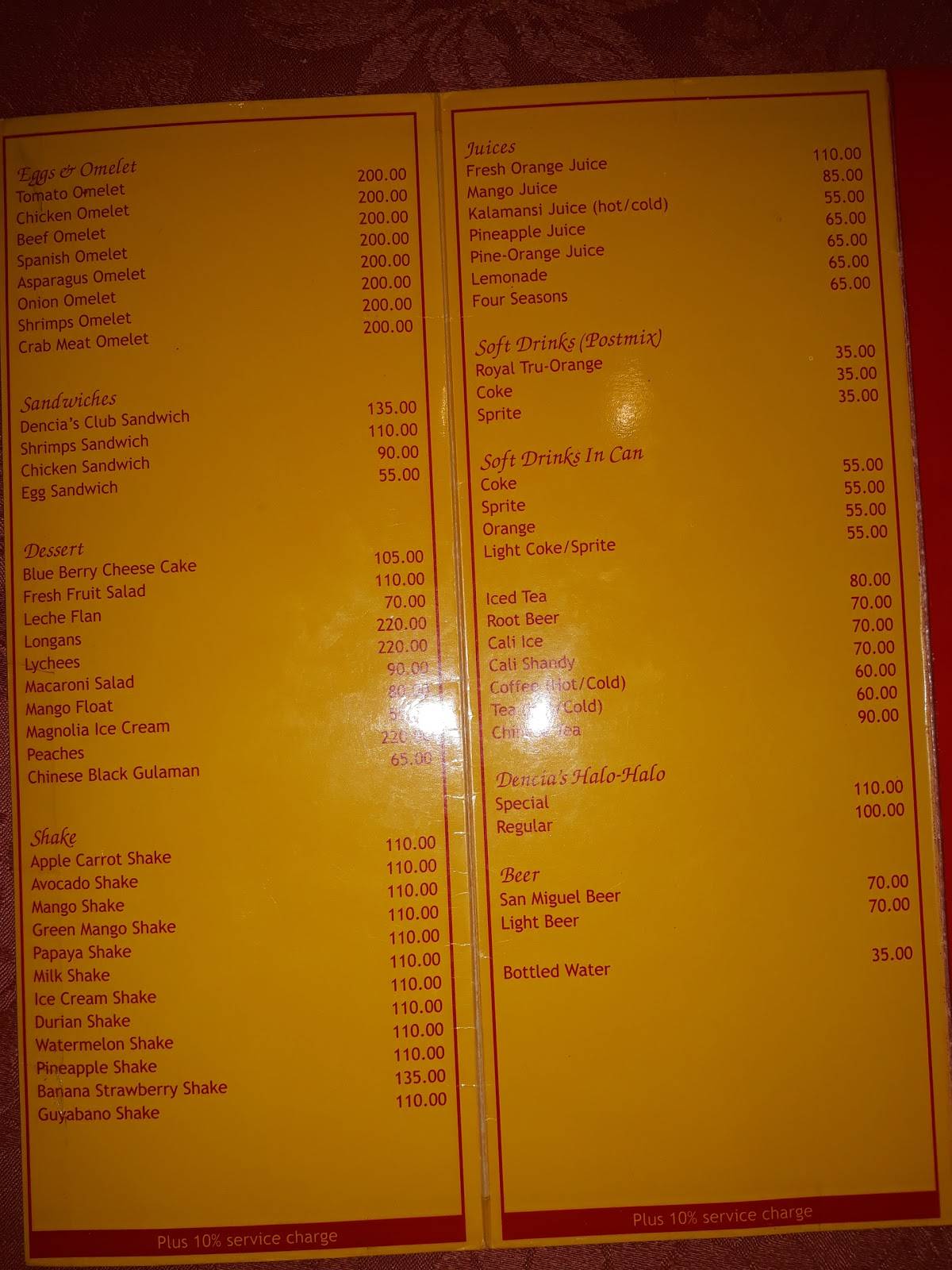 Menu at Davao Dencia's Restaurant, Davao City, General Luna St