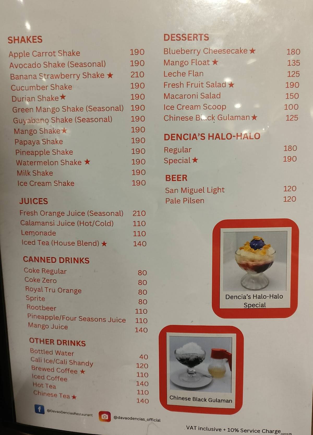 Menu at Davao Dencia's Restaurant, Davao City, General Luna St
