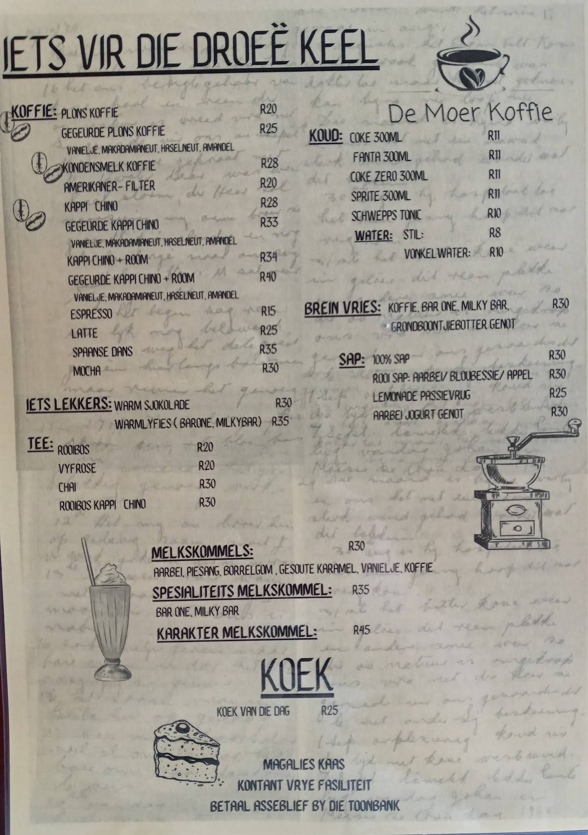 Menu at De Moer Koffie, Brits