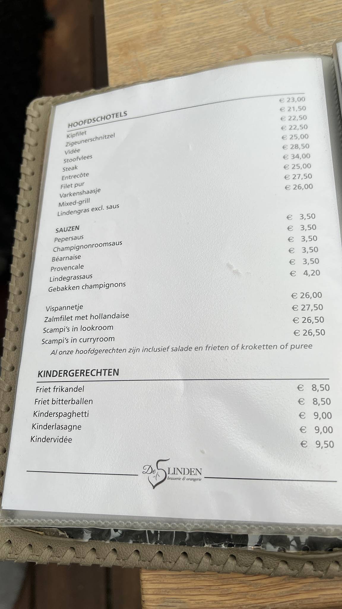 Menu at De vijf linden restaurant, Lommel