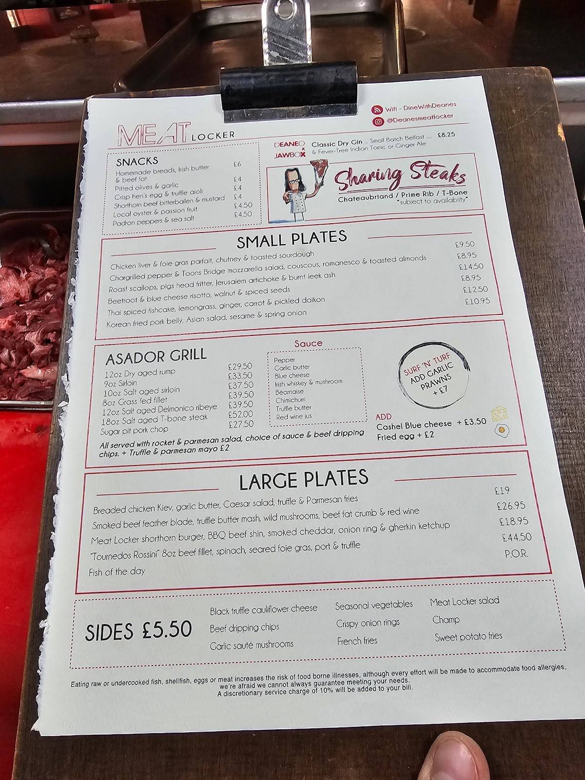 Menu at Deanes Meat Locker restaurant, Belfast