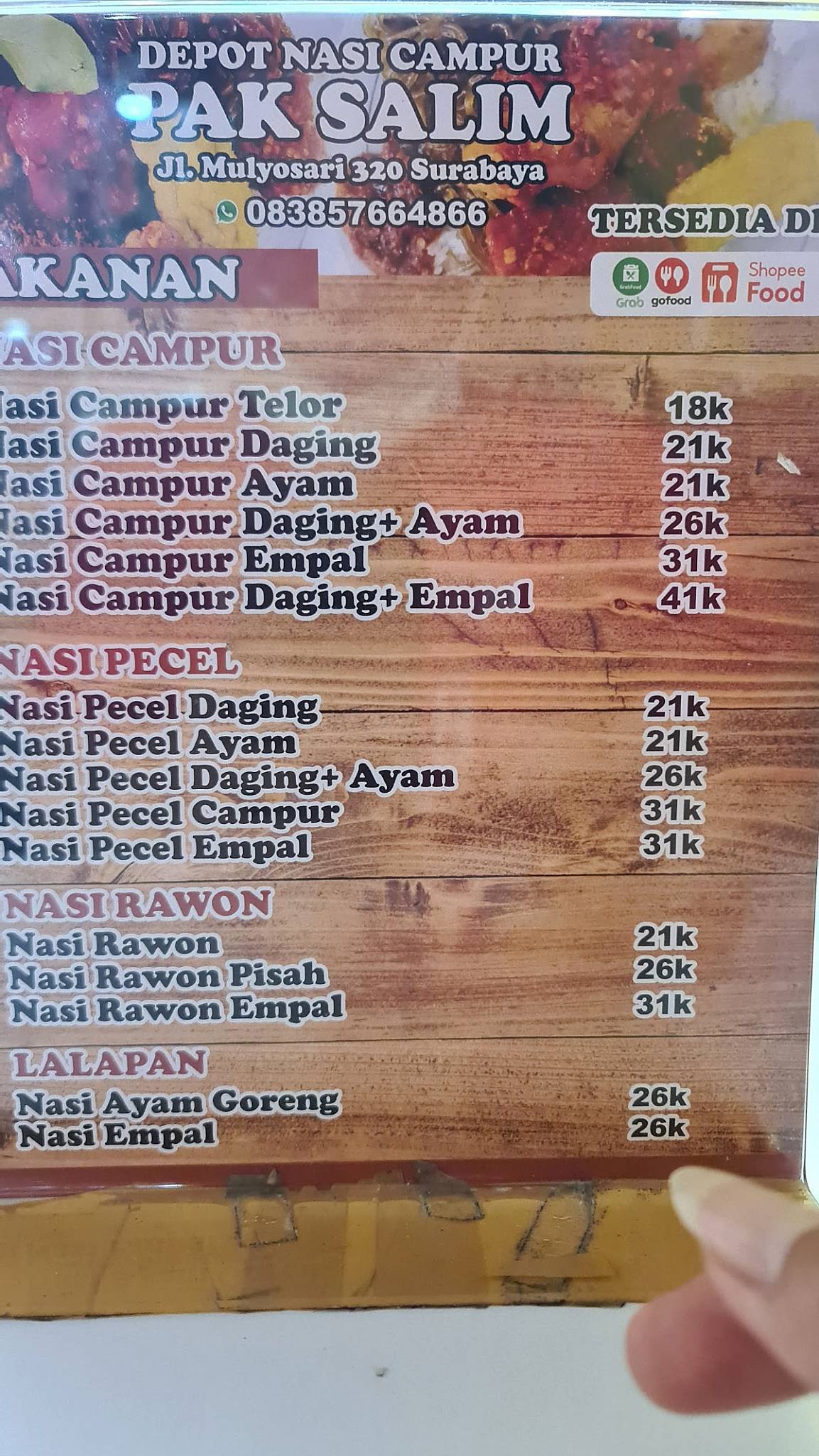 Carta del restaurante Depot Nasi Campur Pak Salim, Surabaya