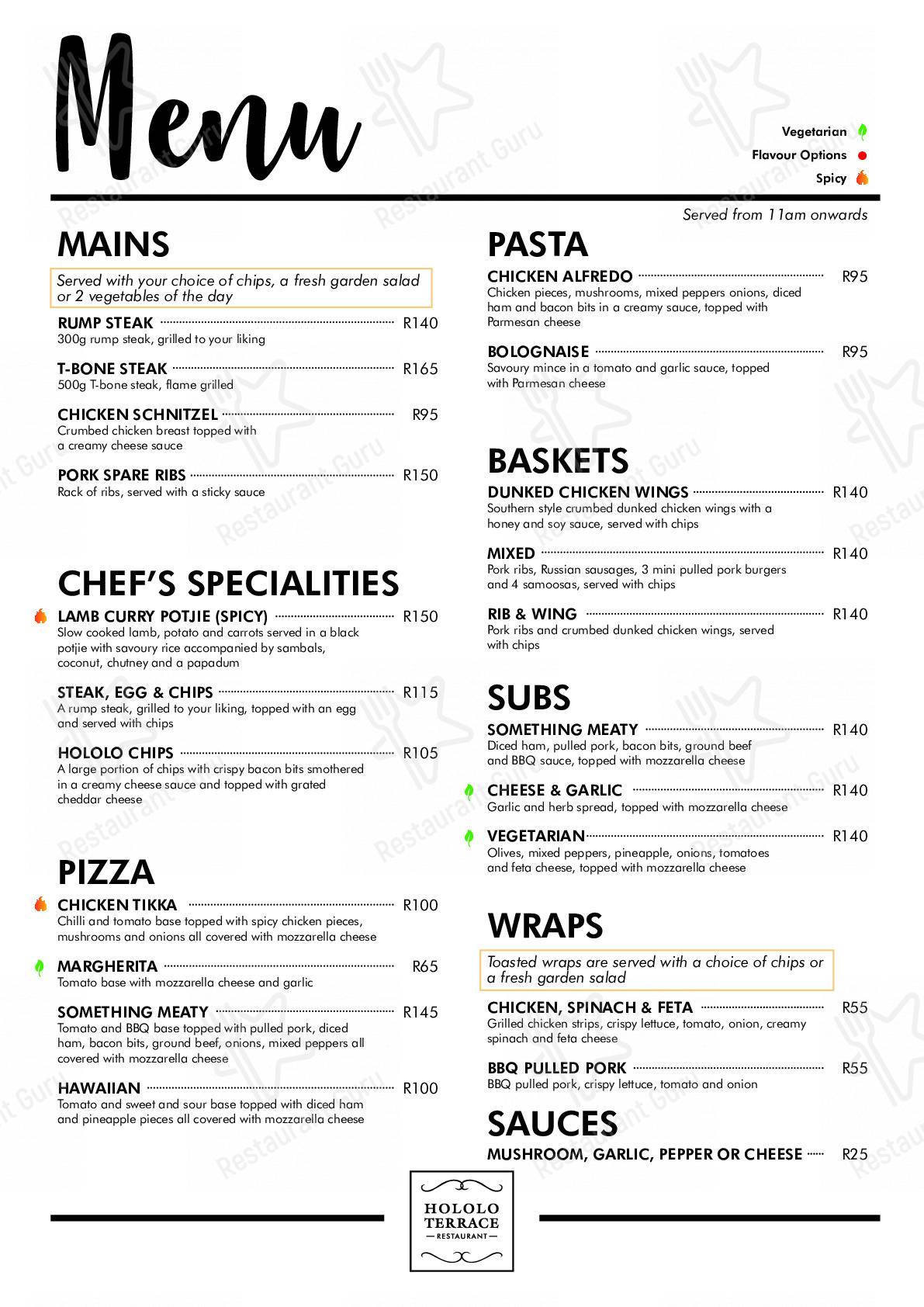 Menu at Dikhololo Hololo Restaurant, Brits