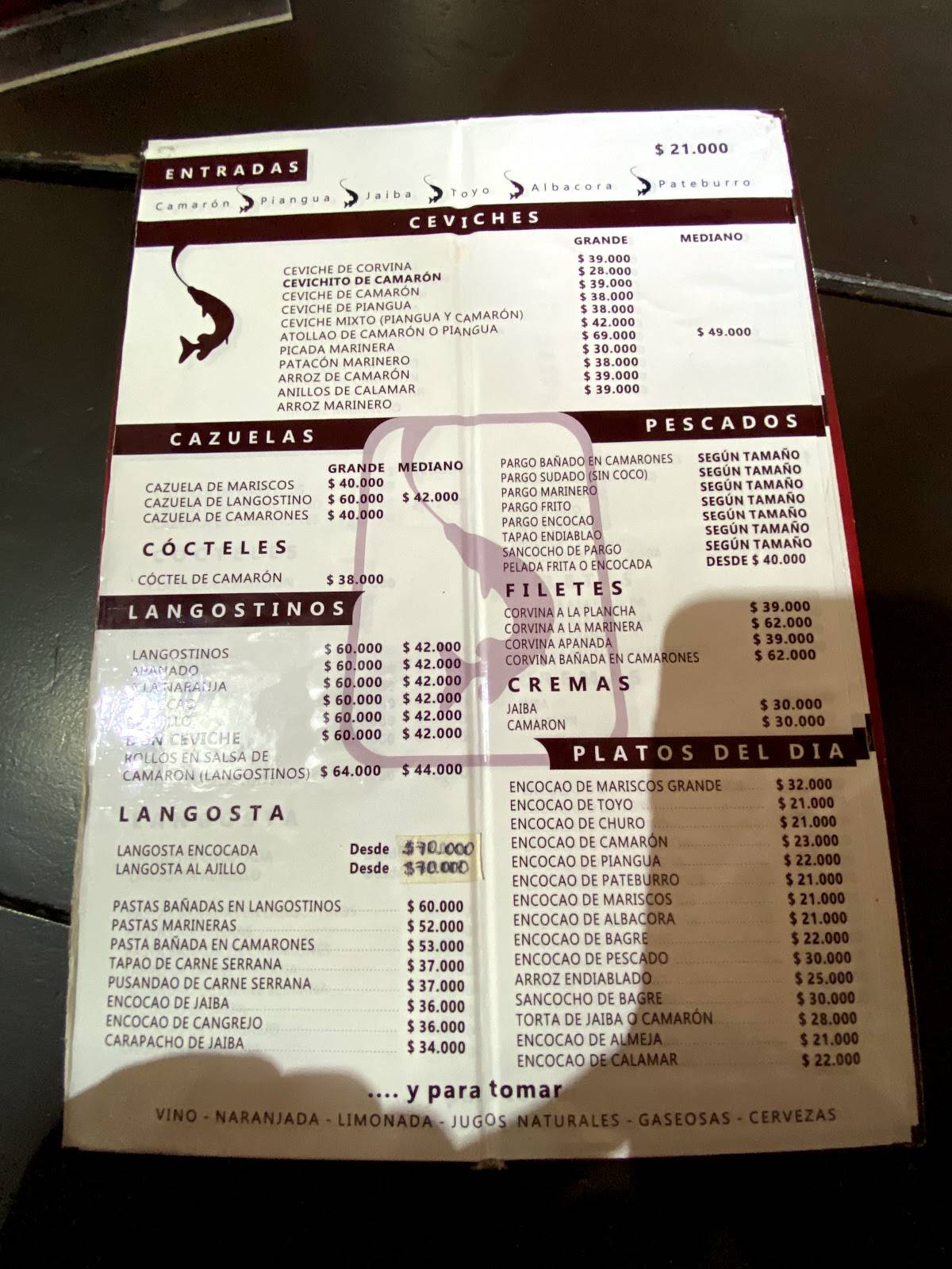Carta del restaurante Don Ceviche, Cali