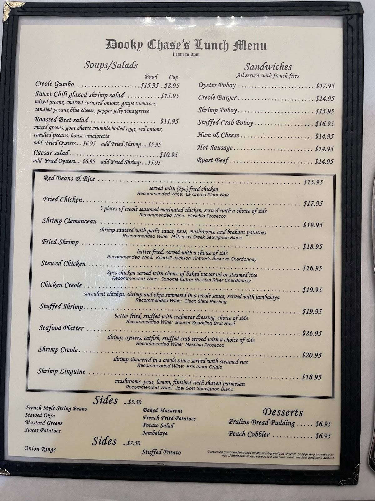 Menu at Dooky Chase Restaurant, New Orleans