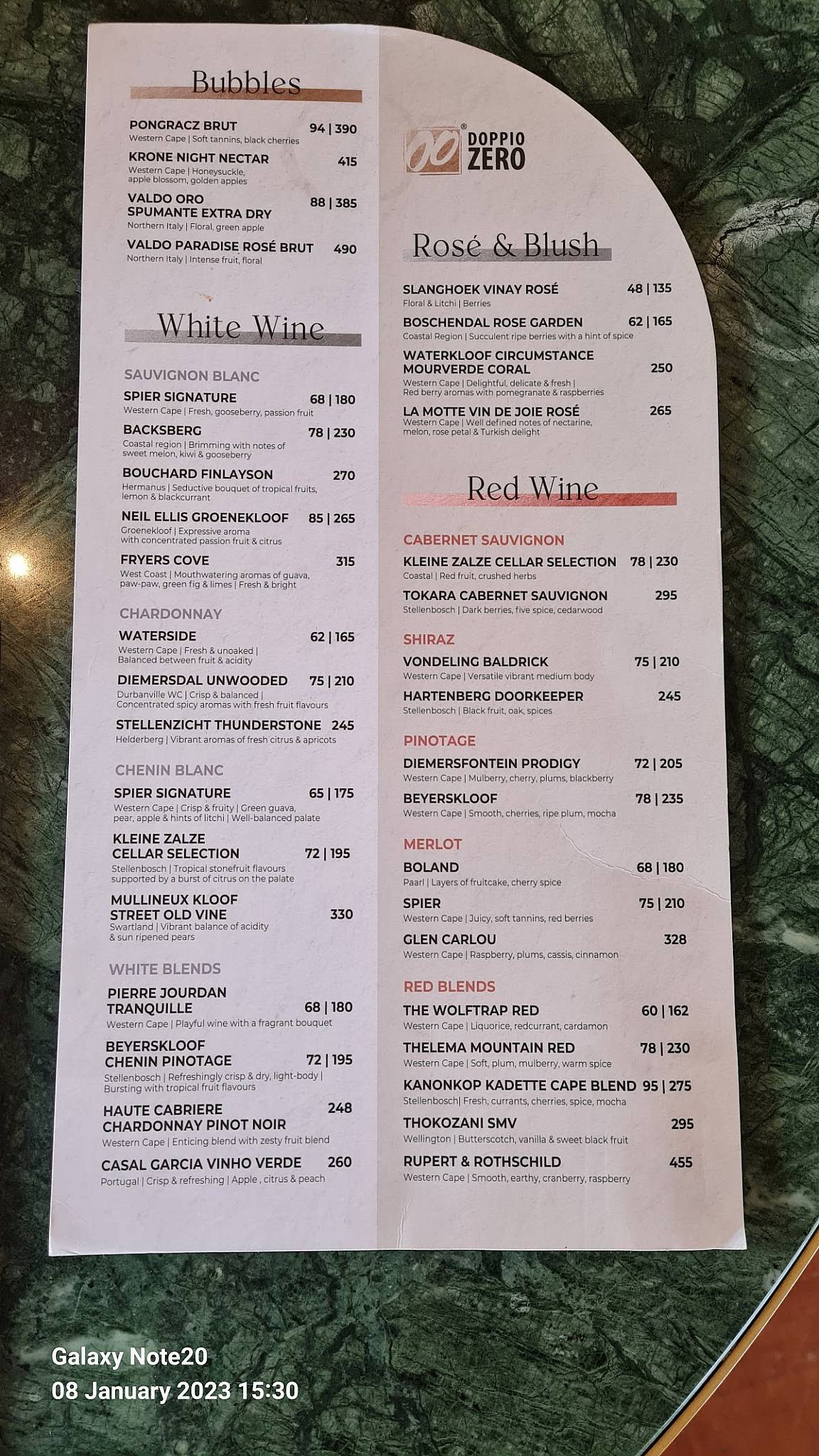Menu at Doppio Zero Lakefield restaurant, Benoni
