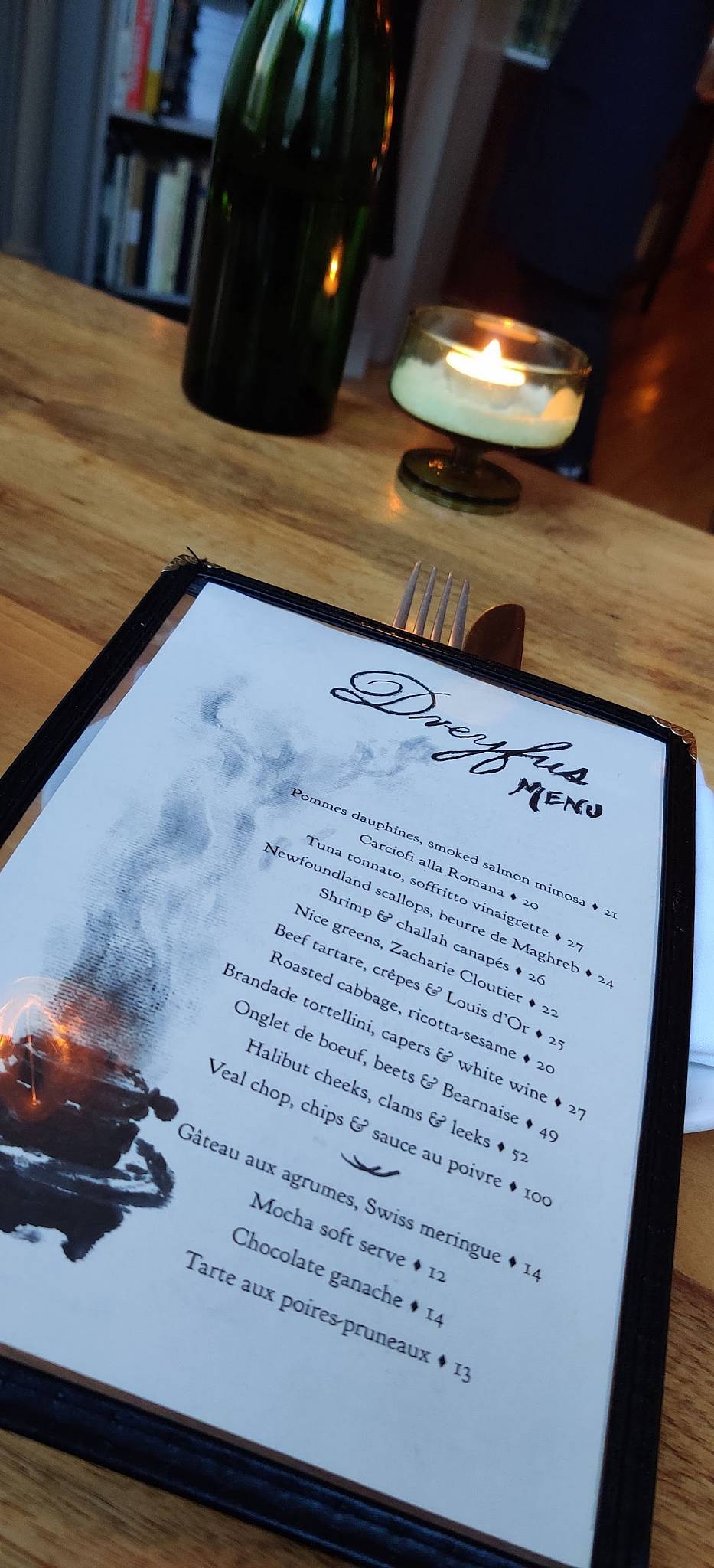 Menu at Dreyfus restaurant, Toronto, 96 Harbord St