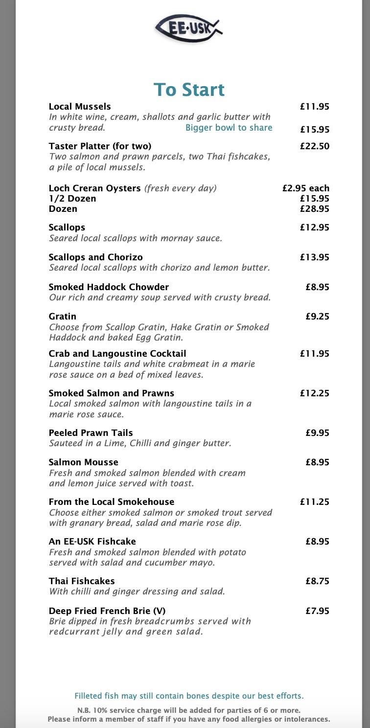 Menu at EE-USK restaurant, Oban
