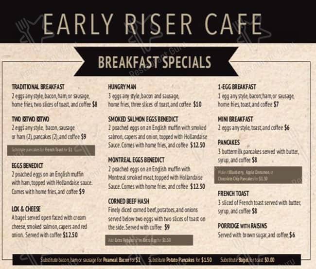 Menu at Early Riser Cafe on Wonderland, London