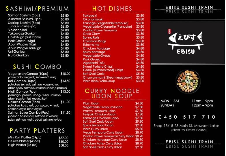 Menu at Ebisu Sushi restaurant, Mawson Lakes