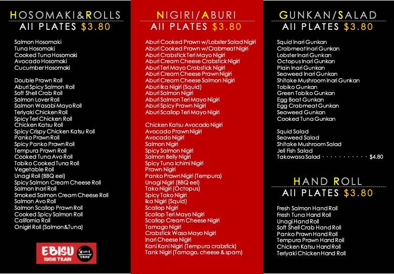 Menu at Ebisu Sushi restaurant, Mawson Lakes