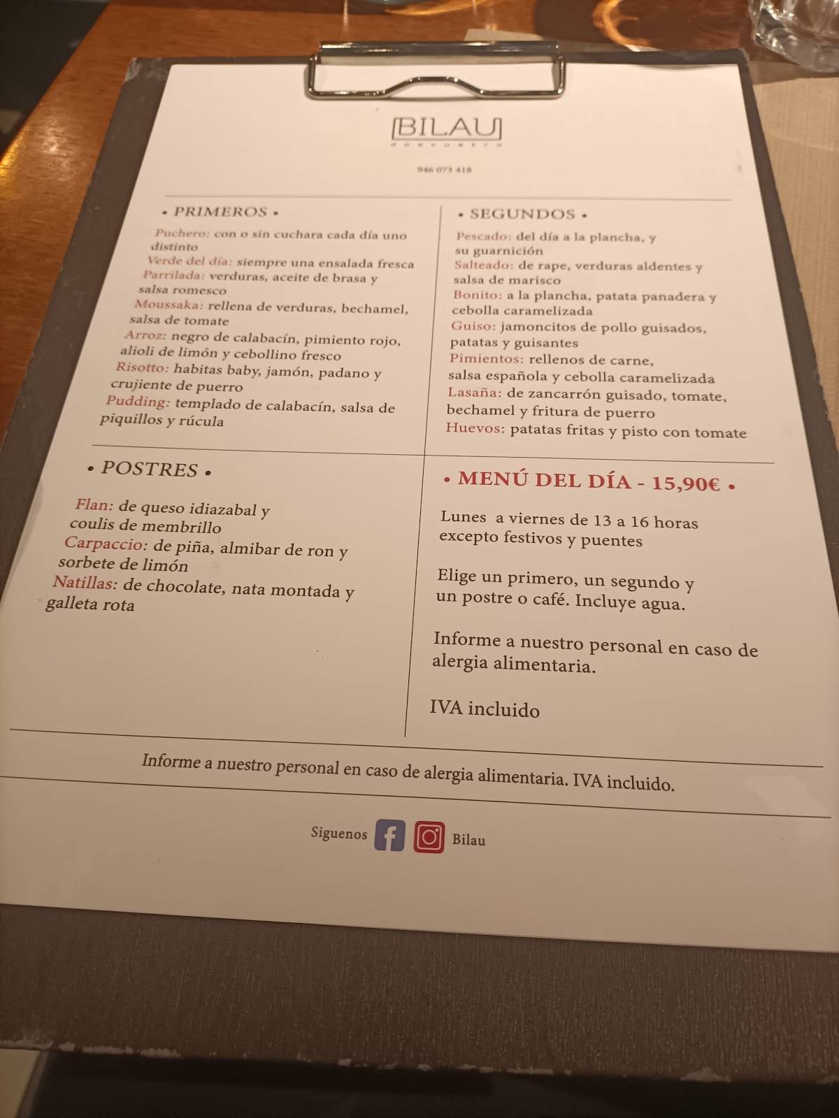 Carta de Bilau Restaurante, Bilbao