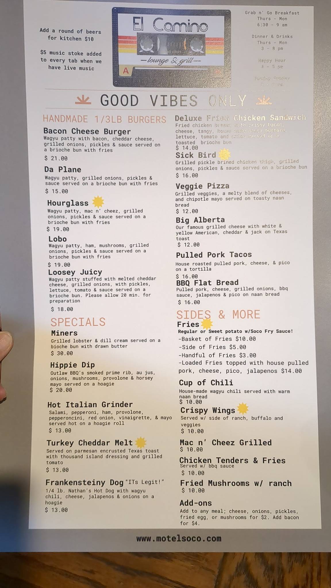 Menu at El Camino Lounge & Grill at Motel SOCO restaurant, Pagosa Springs