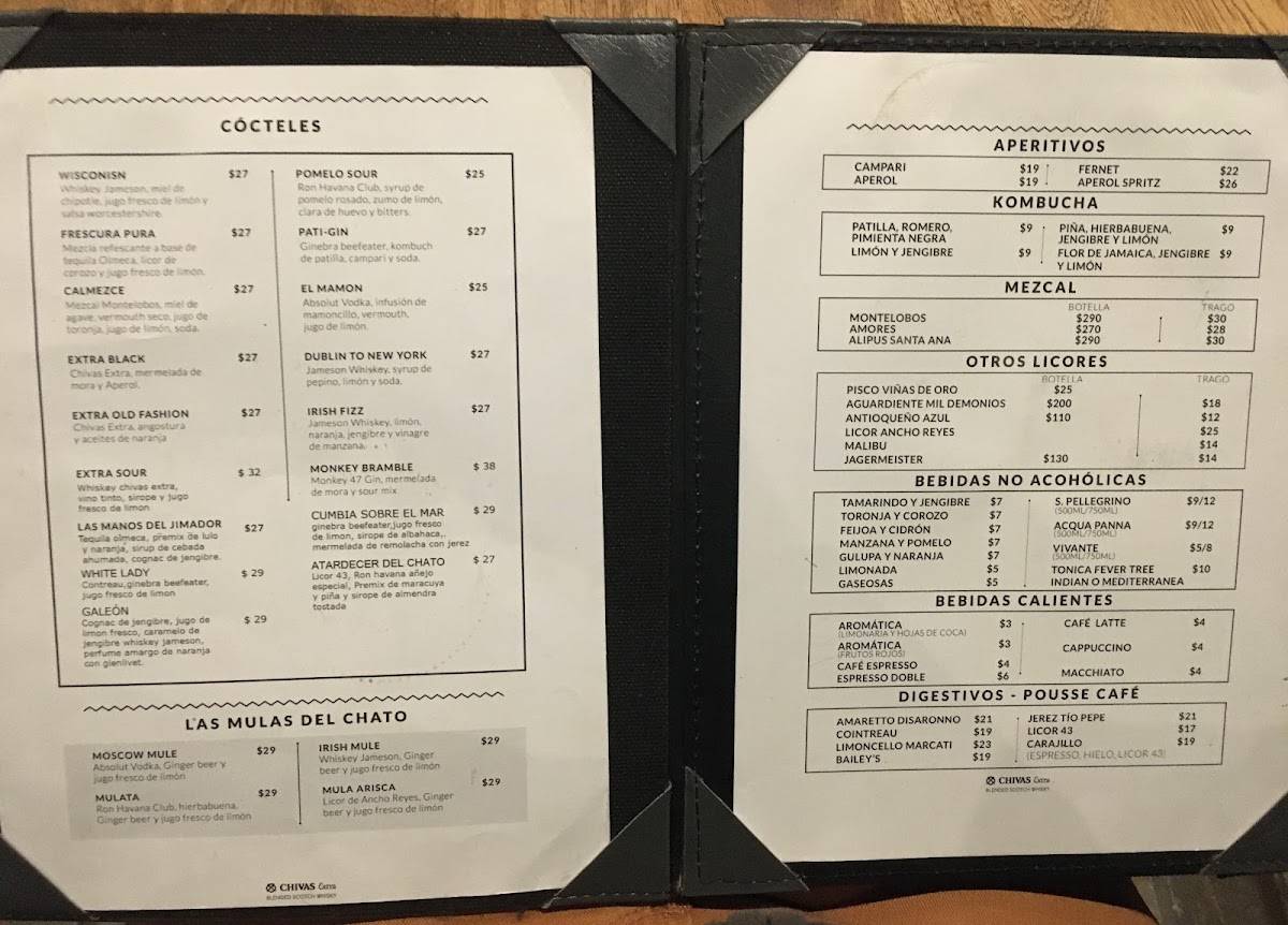 Menu at El Chato restaurant, Bogotá