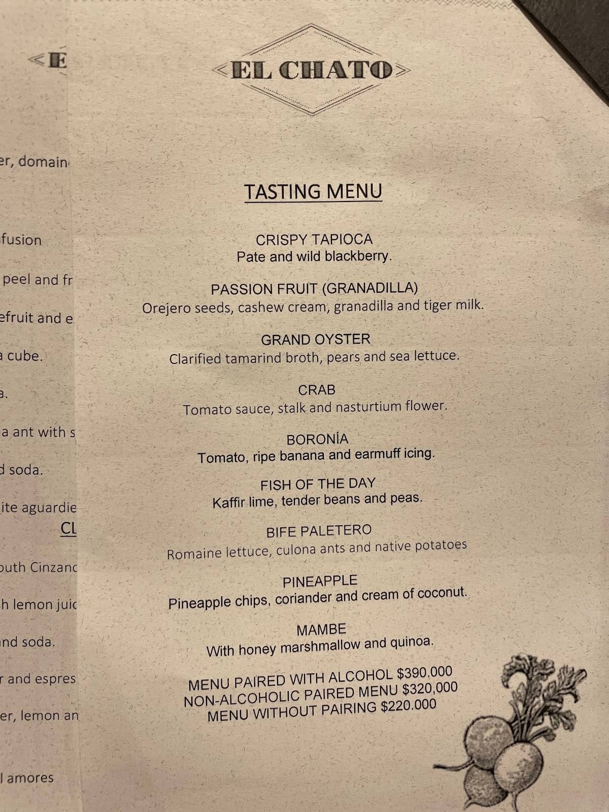 Carta del restaurante El Chato, Bogotá