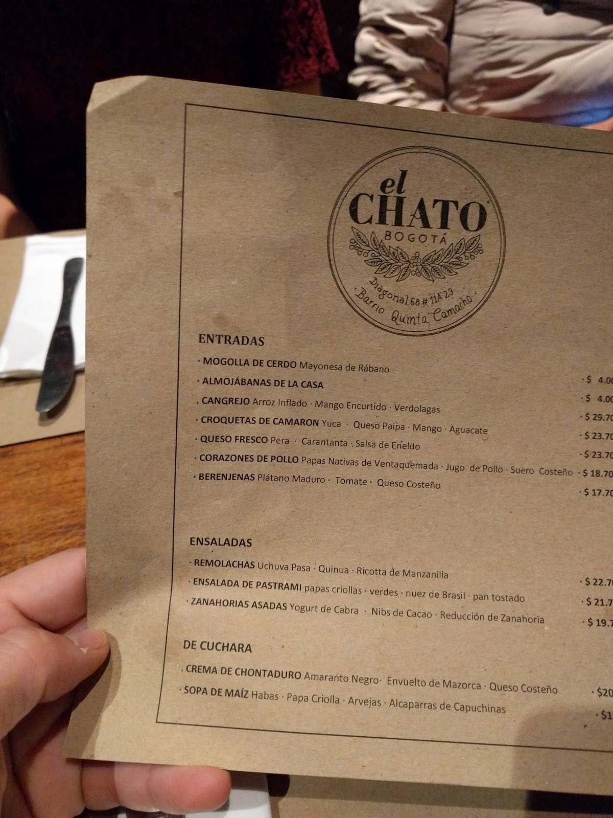 Carta del restaurante El Chato, Bogotá