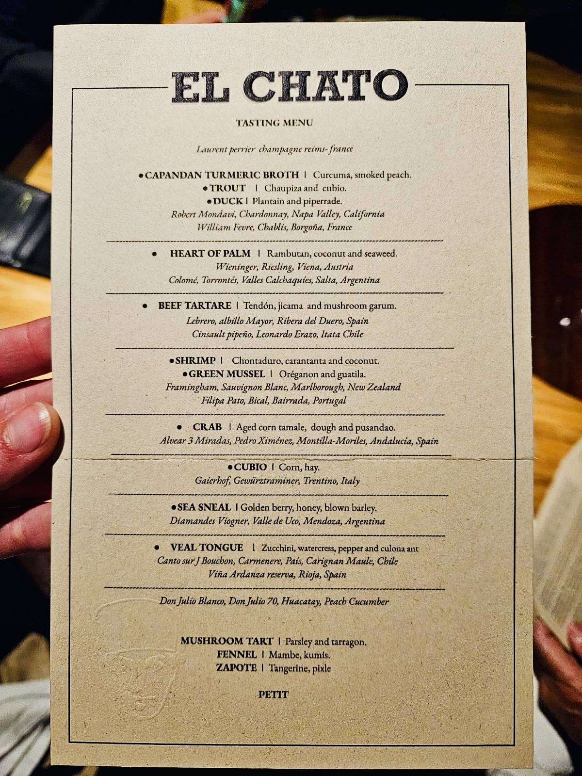 Carta del restaurante El Chato, Bogotá