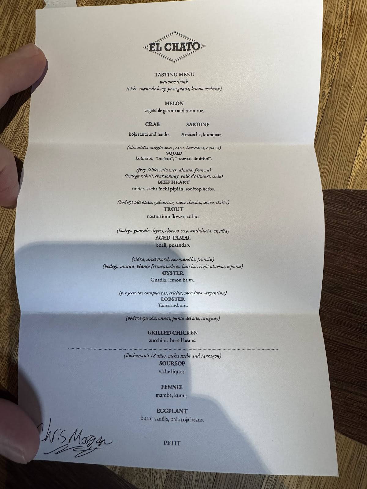 Carta del restaurante El Chato, Bogotá