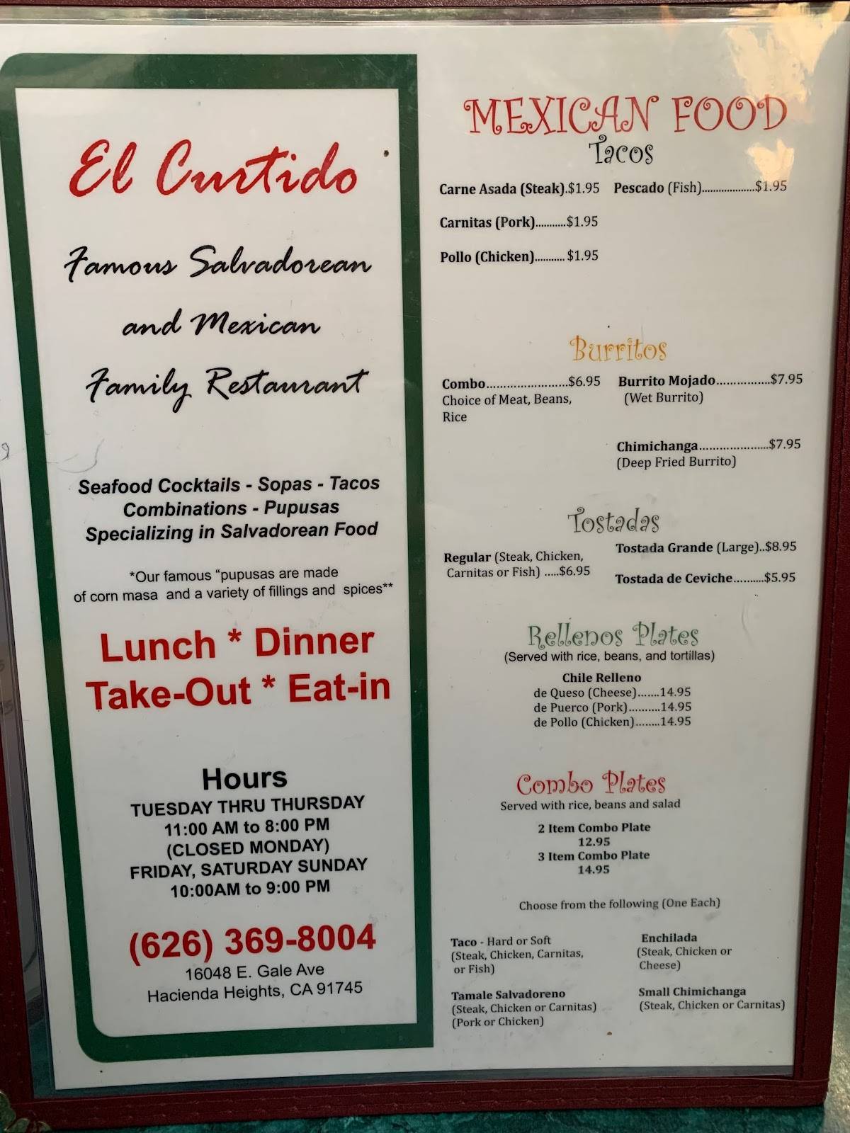 Menu at El Curtido restaurant, Hacienda Heights