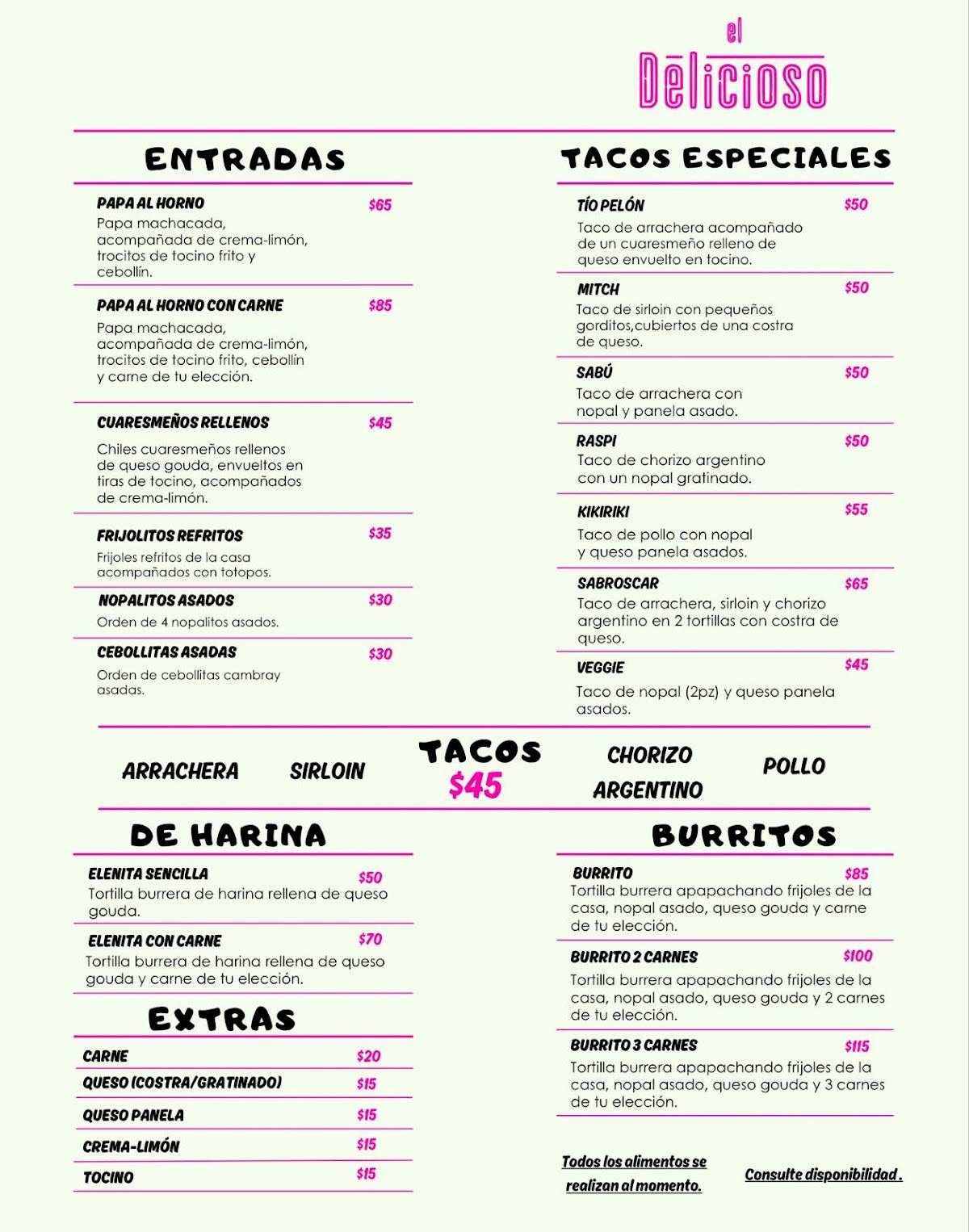 Carta del restaurante El Delicioso, Ciudad del México