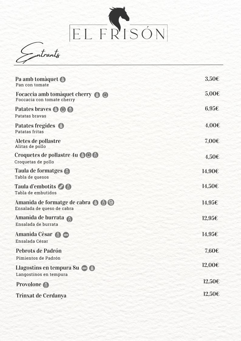 Carta del restaurante El Frisòn, Llívia