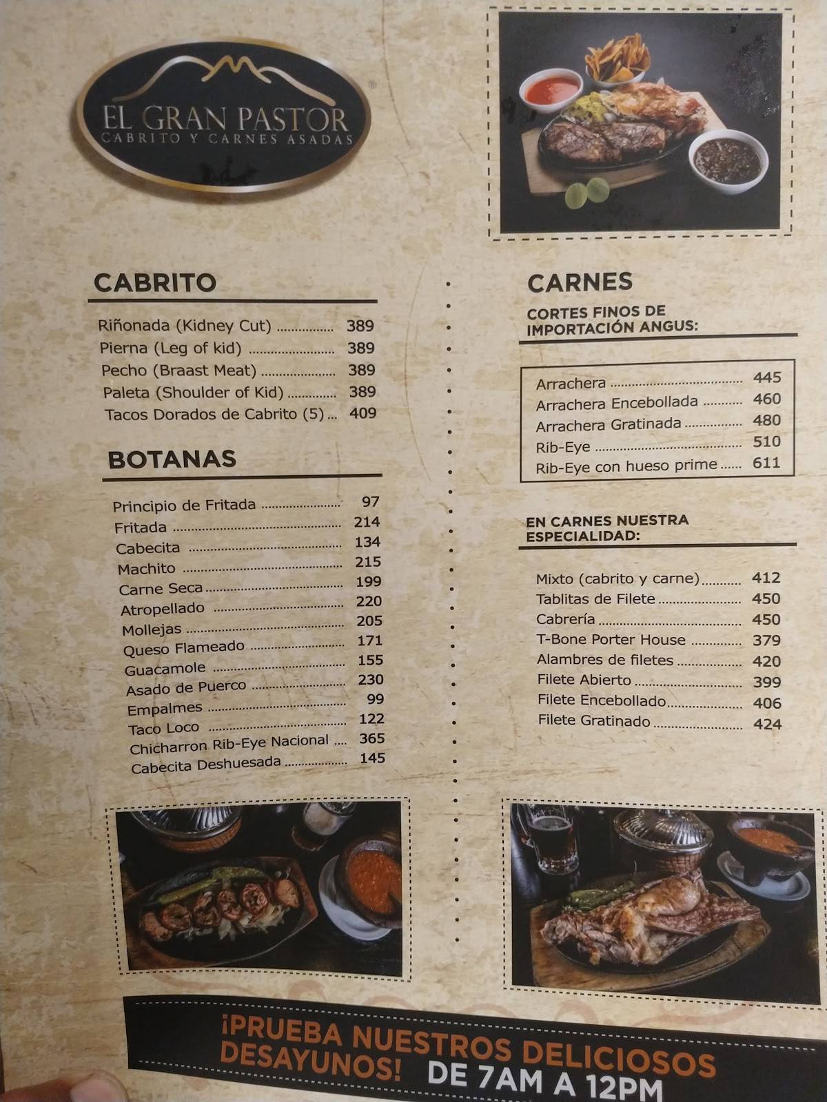 Carta del restaurante El Gran Pastor, Monterrey, Avenida Gonzalitos #702