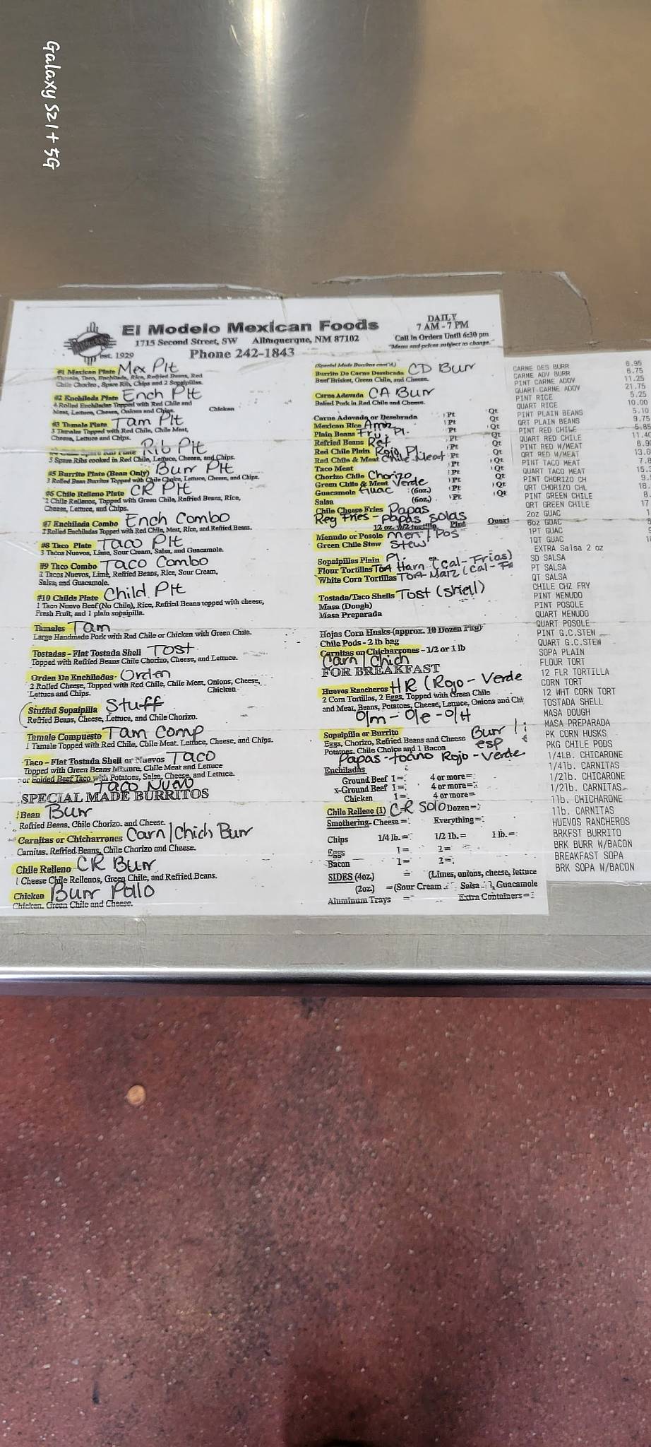 Menu at El Modelo Mexican Foods restaurant, Albuquerque