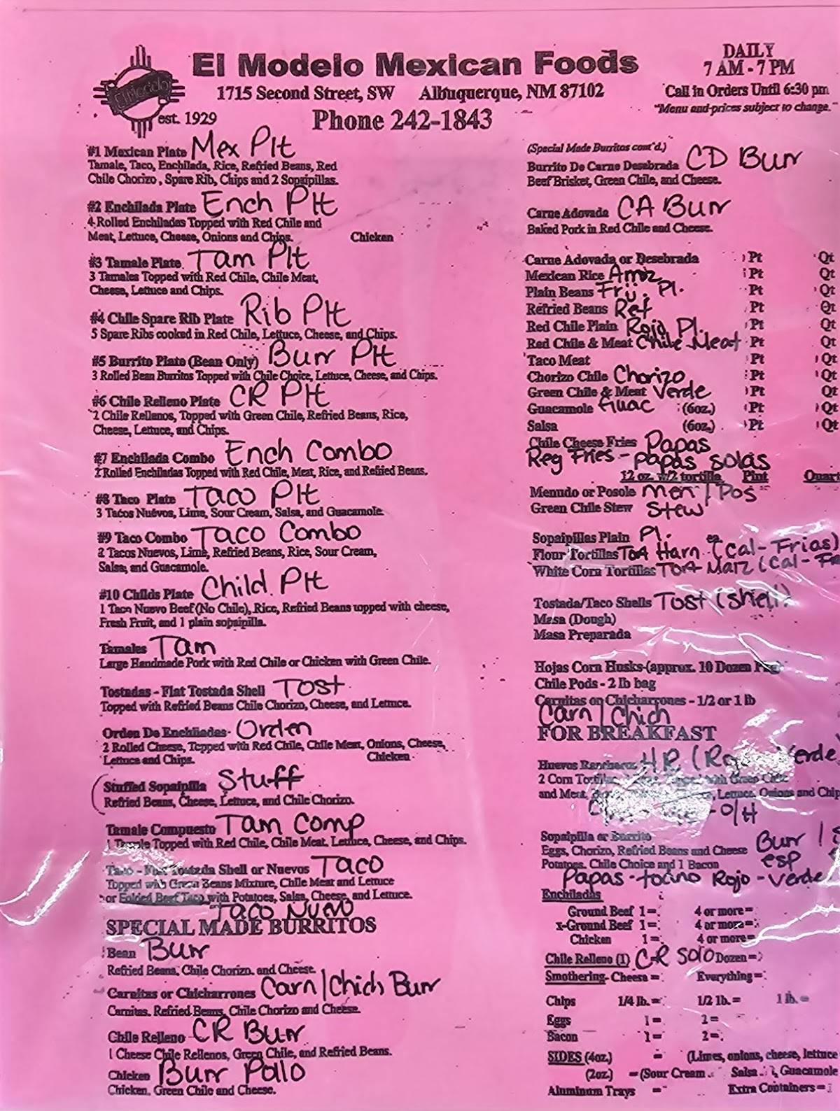 Menu at El Modelo Mexican Foods restaurant, Albuquerque