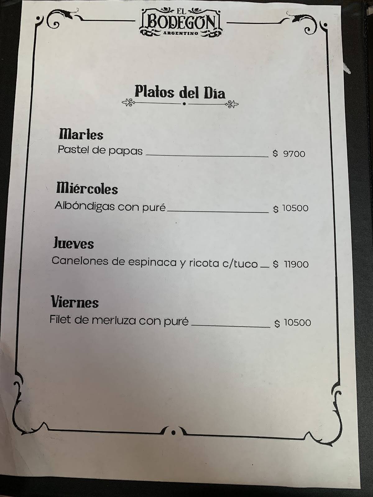 Carta del restaurante El bodegón argentino, El Bolsón
