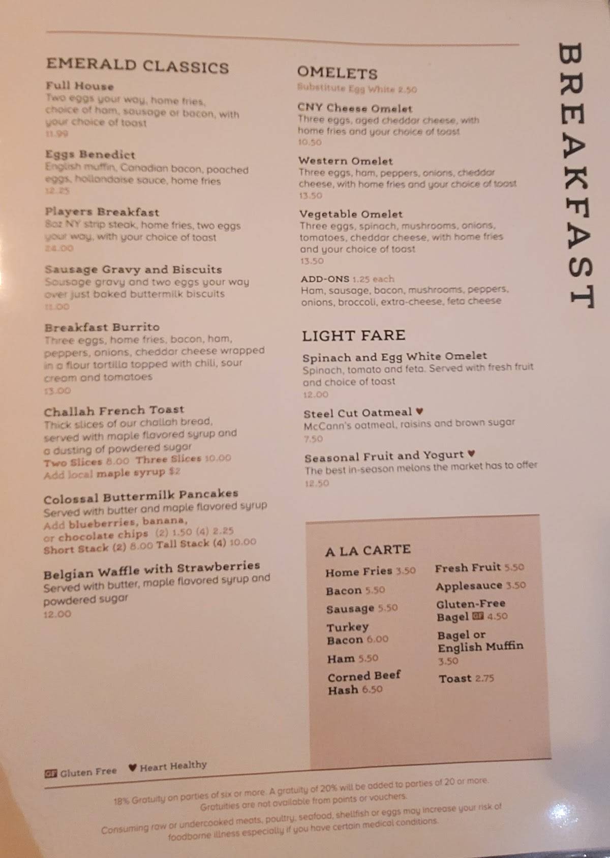 Menu at Emerald Restaurant, Verona